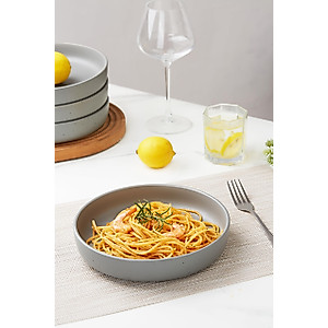 famiware 8.5" Pasta Bowls Set of 4, Dawn Speckled Bowl for Kitchen, Stoneware Dinner Bowl Set for Christmas, Thanksgiving, Microwave Dishwasher Safe, Dark Gray