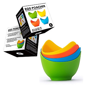 Egg Poacher - Poached Egg Cooker with Ring Standers, Food Grade Non Stick Silicone Egg Poaching Cup for Microwave or Stovetop Egg Poaching, with Extra Silicone Oil Brush, BPA Free, 4 Pack