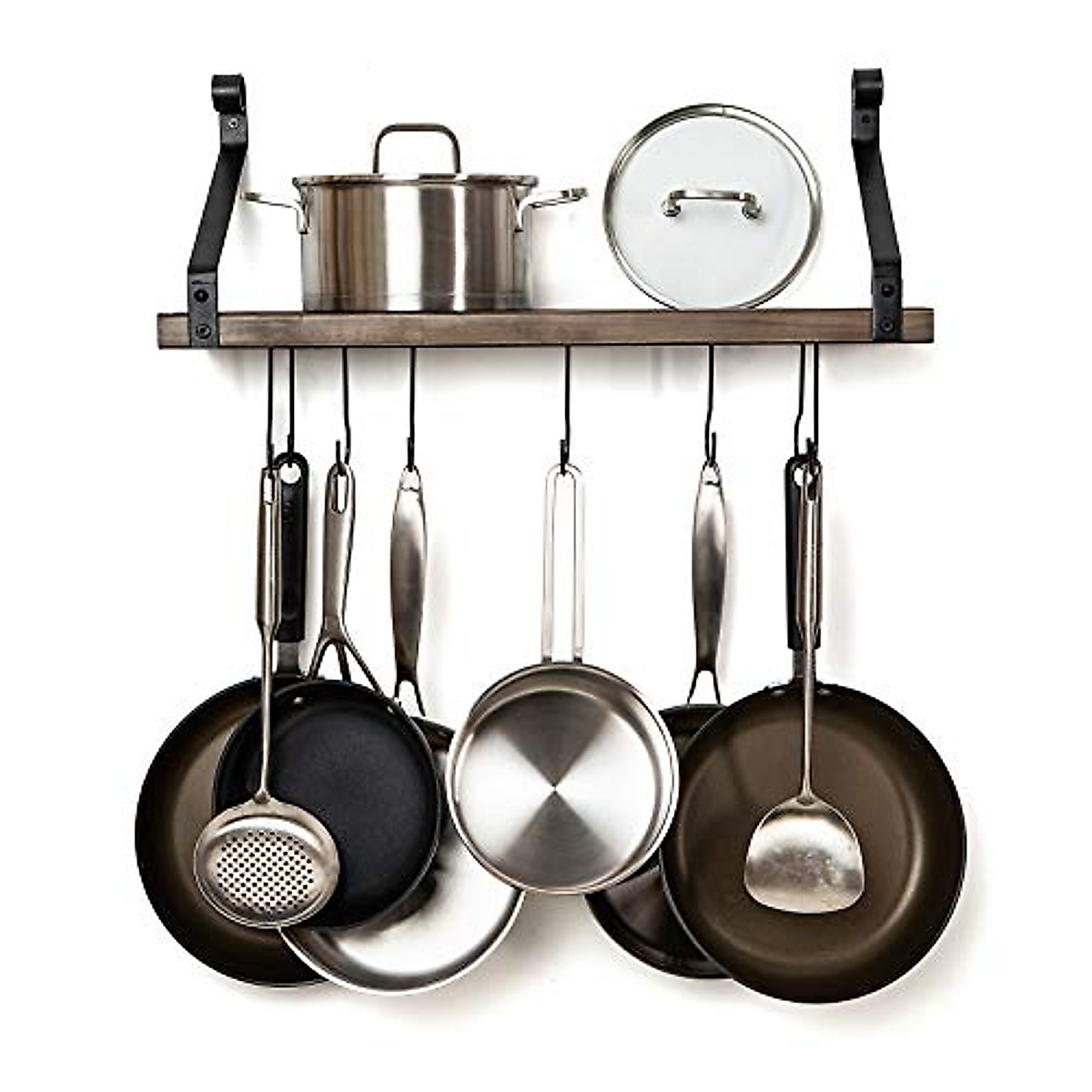 Soduku Pot Pan Rack with Solid Wood Shelf, Wall Mounted Multifunctional Kitchen Hanging Organizer with 8 Hooks for Pots Pans Lids Utensils Cookware Brown