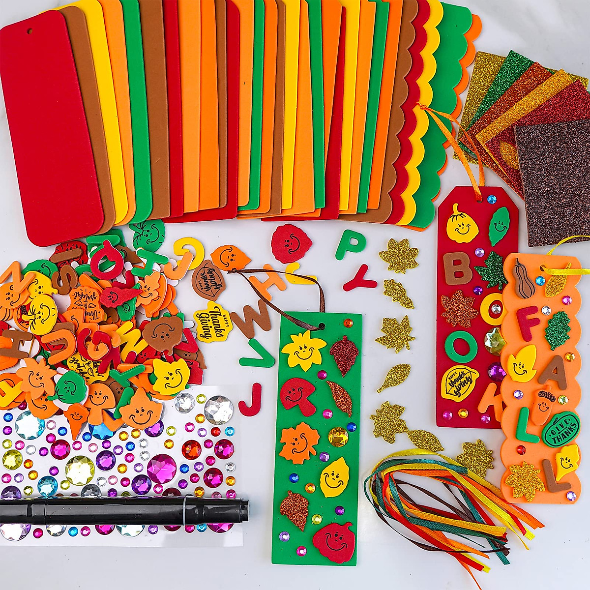 Winlyn 36 Sets Fall Craft Kits Fall Kids Crafts DIY Fall Bookmarks Decorations Art Sets Smiling Autumn Leaf Pumpkin Foam Stickers Arts and Crafts for Kids Thanksgiving Halloween Classroom Activities