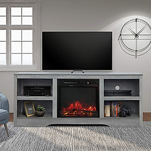 ENSTVER 58" TV Stand with Electric Fireplace,Fireplace Console,Storage Shelves Entertainment Center for Living Room,Gray