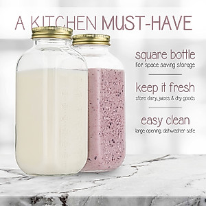 kitchentoolz 32oz Square Glass Milk Bottle with Metal Airtight Lids -1 Quart Milk Jars with Lids for Fridge - Reusable Milk Jugs , Yogurt, Smoothies, Kefir, Kombucha, Water