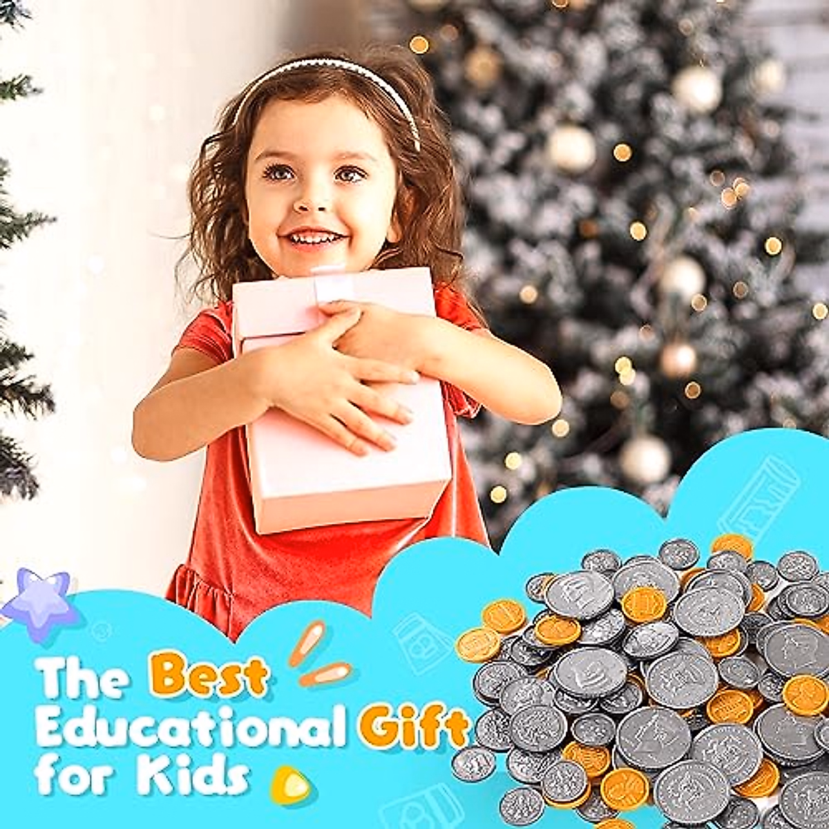 Quiet Flower Learning Pretend Play Coin, Copy Pretend Coins Toys for Kids, Prop Fake Coins and Banking Play Toys Set(200pcs)