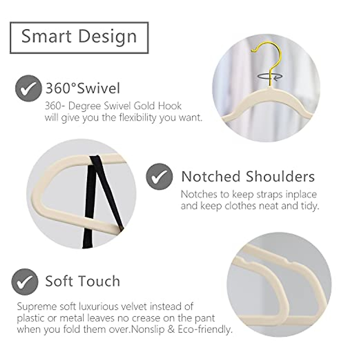 MIZGI Premium Velvet Hangers Pack 50 Pcs Heavy Duty - Non Slip Slimline - Velvet Suit Hangers Ivory - Gold Hooks,Space Saving Clothes Hangers …