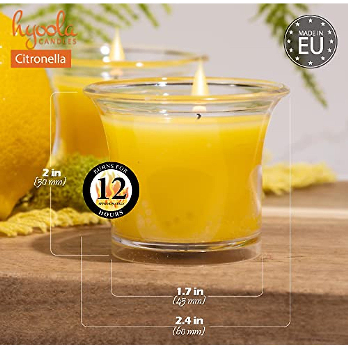 HYOOLA Clear Cup Scented Votive Candles - Citronella - 12 Hour Burn Time - 4 Pack - European Made
