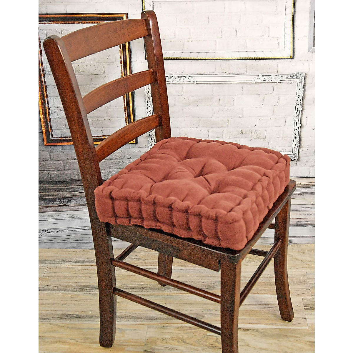 Home-X Tufted Booster Cushion, Thick Square Seat Pad with Carrying Handle – Brown 15” L x 15” W x 3 ½” H