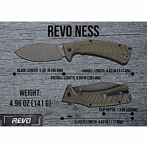 REVO Knives Ness Folding Pocket Knife; 3.375" 14C28N Stonewash Blade with Durable Micarta Handle; Flip Tab Open, Secure Liner lock, Reversible Pocket Clip, EDC Tactical Knife (Green)