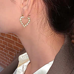 Heart Hoop Earrings for Women 14K Gold Plated Hypoallergenic Bamboo Cubic Zirconia Hoops Lightweight Heart Huggie Earrings for Women Jewelry Gift