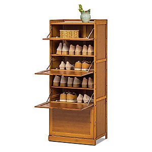 Magshion Bamboo Entryway Shoe Storage Cabinet with Pull-Down Door, 7-Tier Freestanding Shoe Cabinet Organizer for Hallway Entryway, for Convenient Shoe Organization (Brown)