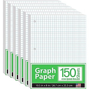 Graph Paper, Loose Leaf Graph Paper, 4 x 4 An Inch Quad Ruled Graph Paper, 10.5” x 8” Graphing Paper, 56 gsm, 150 Per Pack, 900 Sheets (6 Pack)