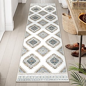 Uphome Moroccan Washable Runner Rug, 2x6 Rug Runners for Hallways Non Slip Vintage Boho Kitchen Runner Rug Ultra-Soft Geometric Non-Shedding Carpet Runner for Laundry Entryway Bedroom, Gray/Camel