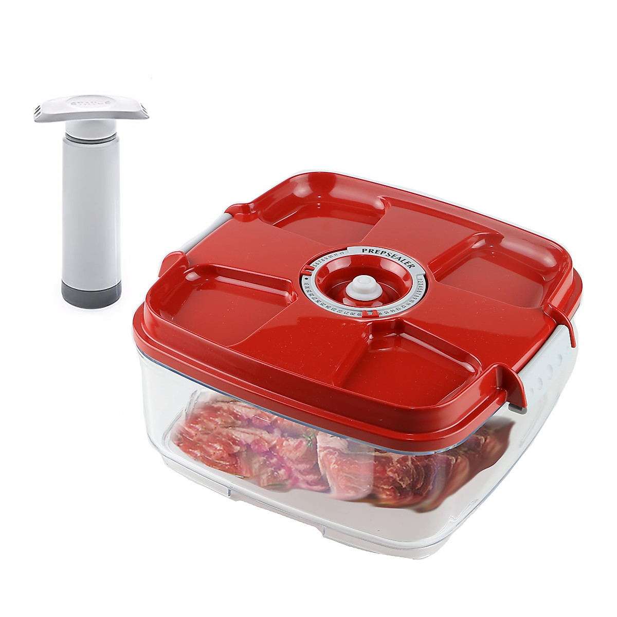 PrepSealer Marinating Vacuum System Container-Makes Food Tastier, Juicier, Healthier and More Tender (2 Liter, Square Shape, Tritan Material, Red Color, Manual Hand Pump Included)