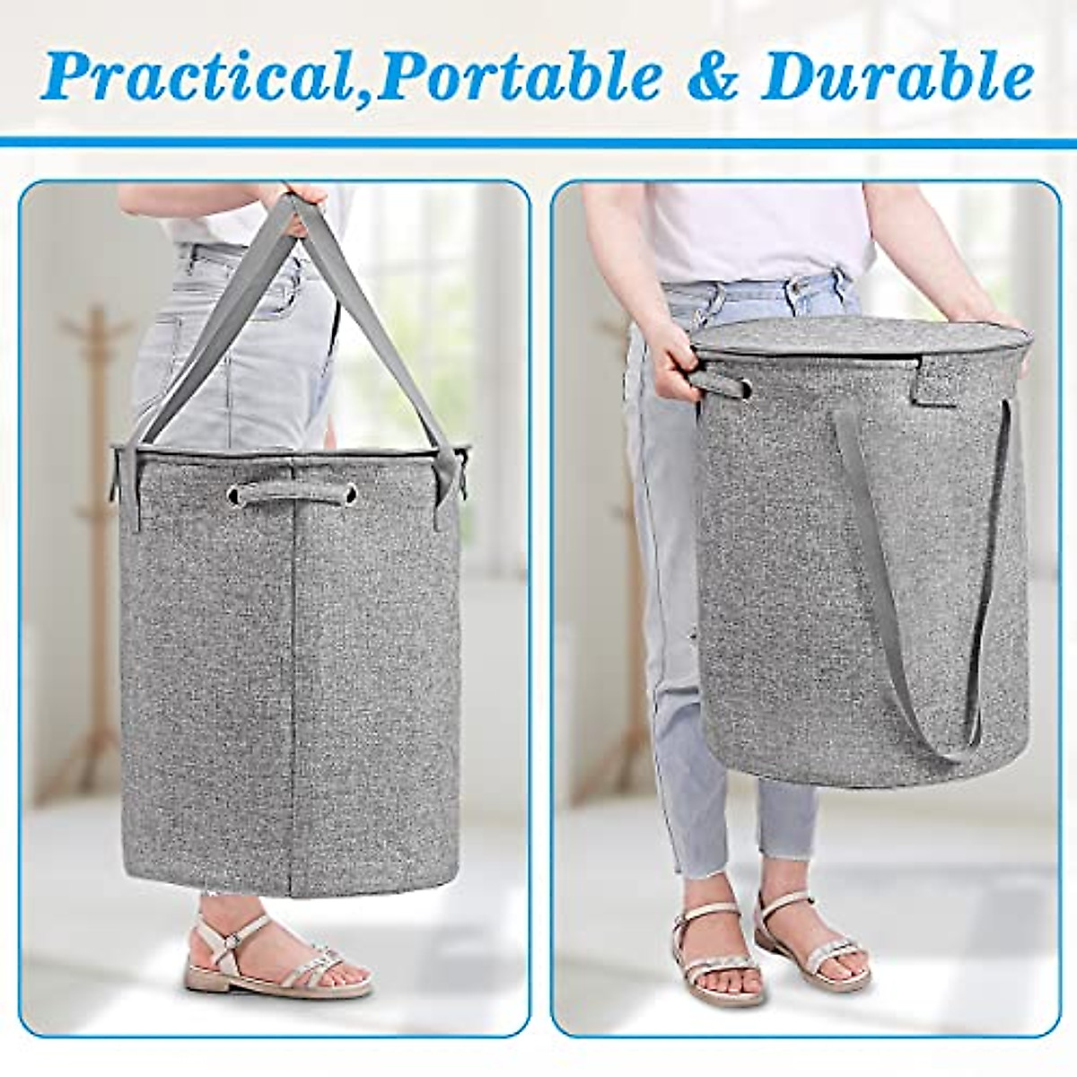 Laundry Hamper with lid, TEAYINGDE Laundry Basket with Handles Freestanding, Waterproof Folding Washing Bin, Collapsible Round Clothes Hamper for Bathroom Bedroom Dorm Organization Storage Grey