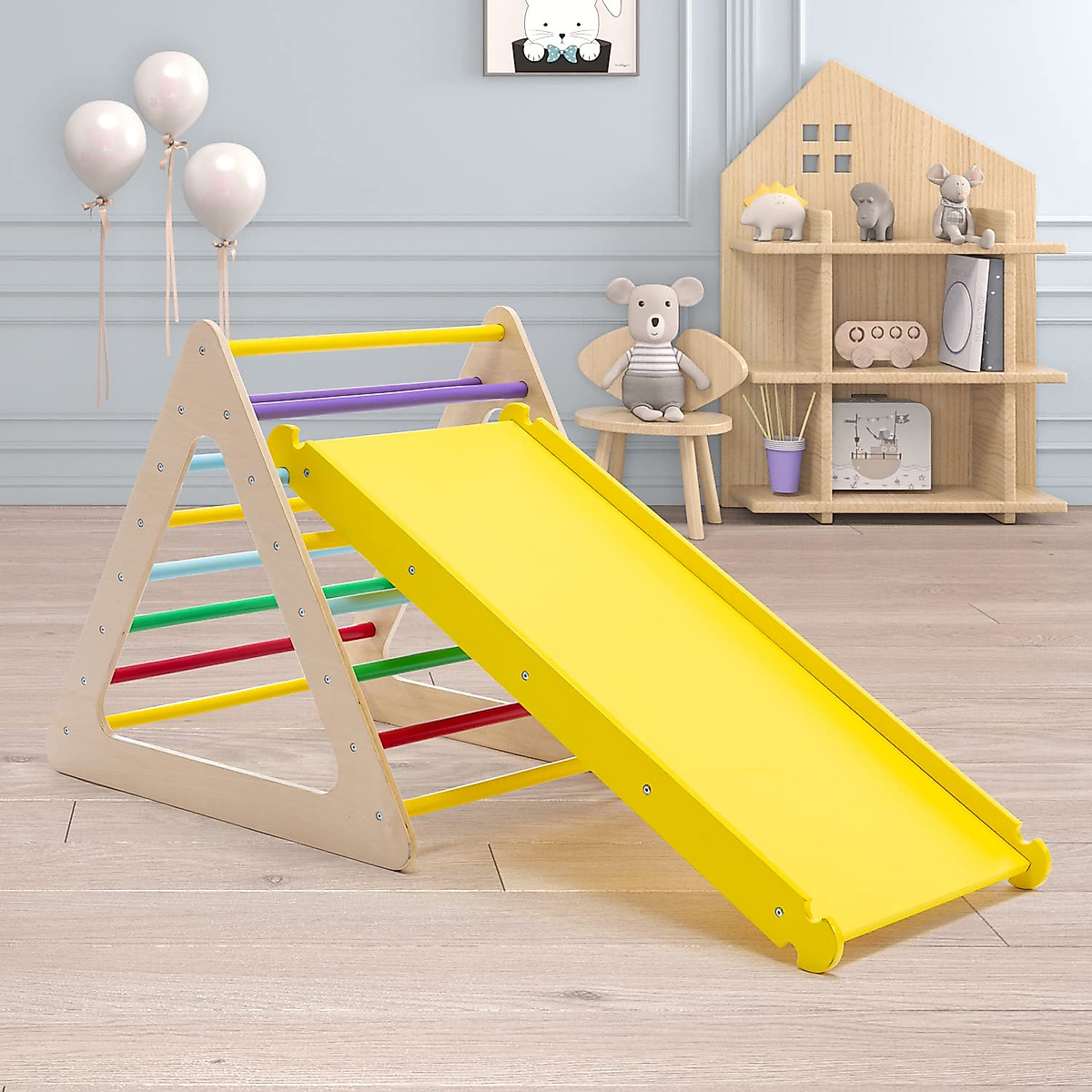 Wonline 3 in 1 Triangle Climber with Ramp Wooden Toddler Climbing Triangle Toys for Sliding and Climbing, 3-Piece Set Play Equipment for Kids Boys Girls Toddler Gym Play Set