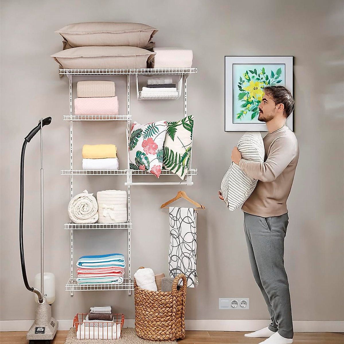 SOH DESIGN Adjustable White Wire Closet Shelf Kit, 3-5 FT Expandable Organizer System for Versatile Home Storage