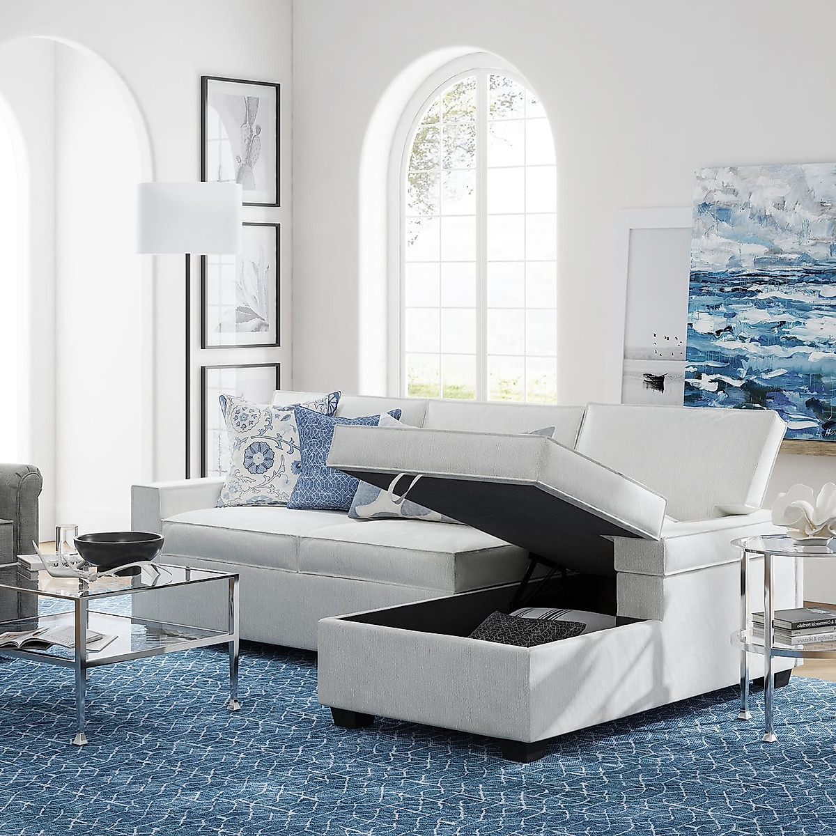 HULALA HOME Modern Sectional Sleeper Sofa, 3-seat L-Shaped Wide Couch with Storage Chaise, Pull Out Sleeper for Small Space, Living Room, Apartment and Office(White)