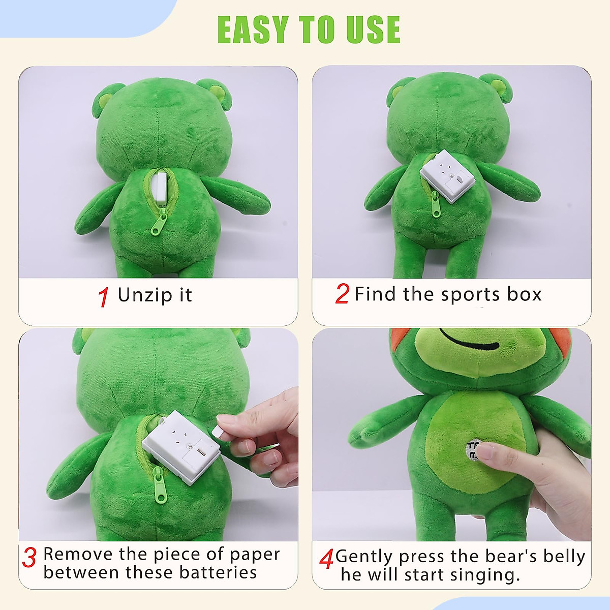 Verceco Singing Stuffed Animals Green Bear Music Plush Toys for Toddler 1-3 Stuffed Bear Plushies Toys for Kids Birthday 12" (Bear)