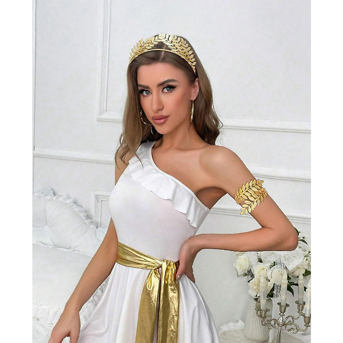 Wecoe 7pcs/Set Gold Leaf Headbands Hair Clips Headpieces Arm Cuff For Women Girls Gold Leaf Tiara Crown Flower Girl Bridal Wedding Halo Headband Greek Goddess Toga Costume Hair Accessories For Women