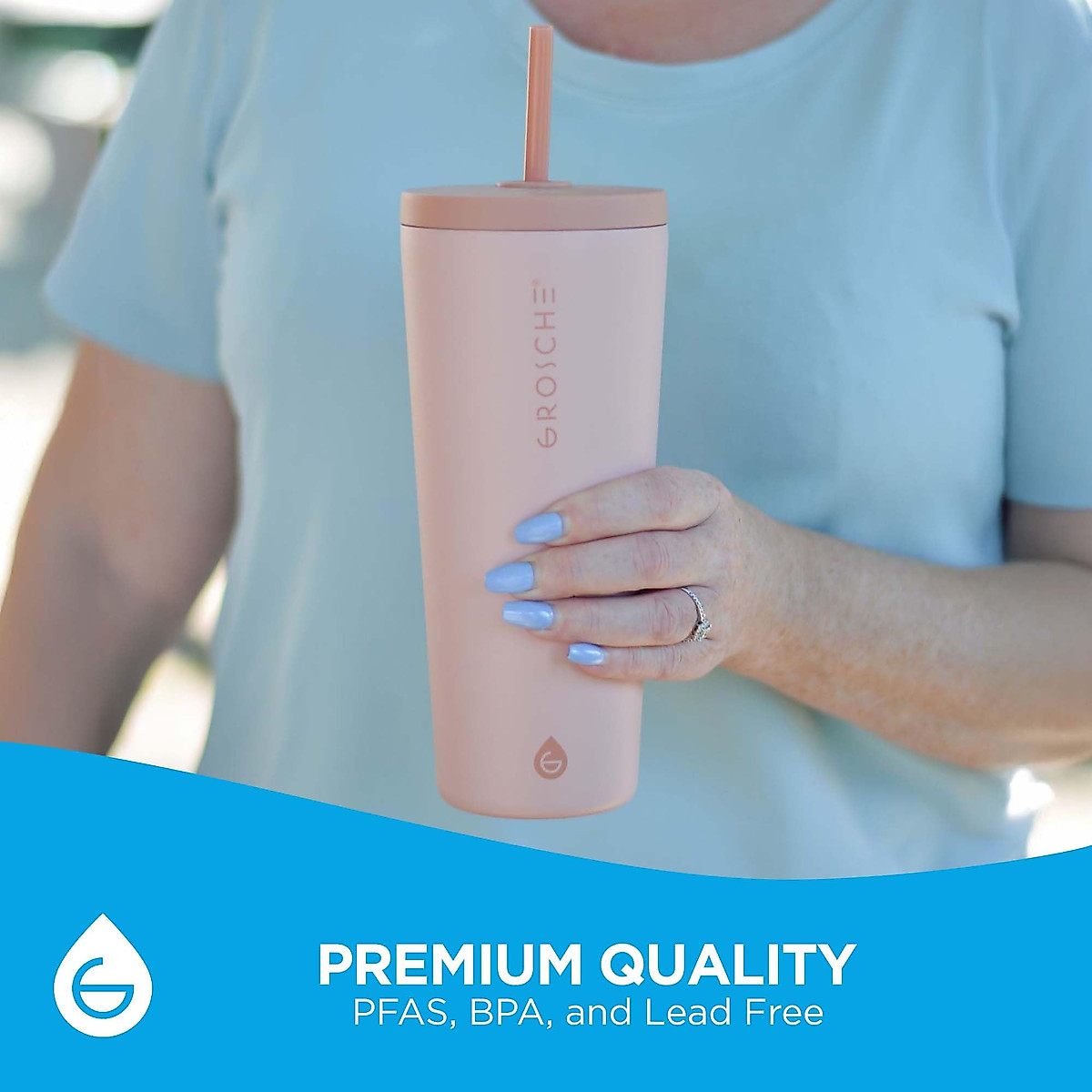 GROSCHE Jasper 23oz Tumbler with straw. Extreme Insulation, Classy Design, Built to Last, Insulated Stainless Steel Tumbler with Lid and Straw - Pink