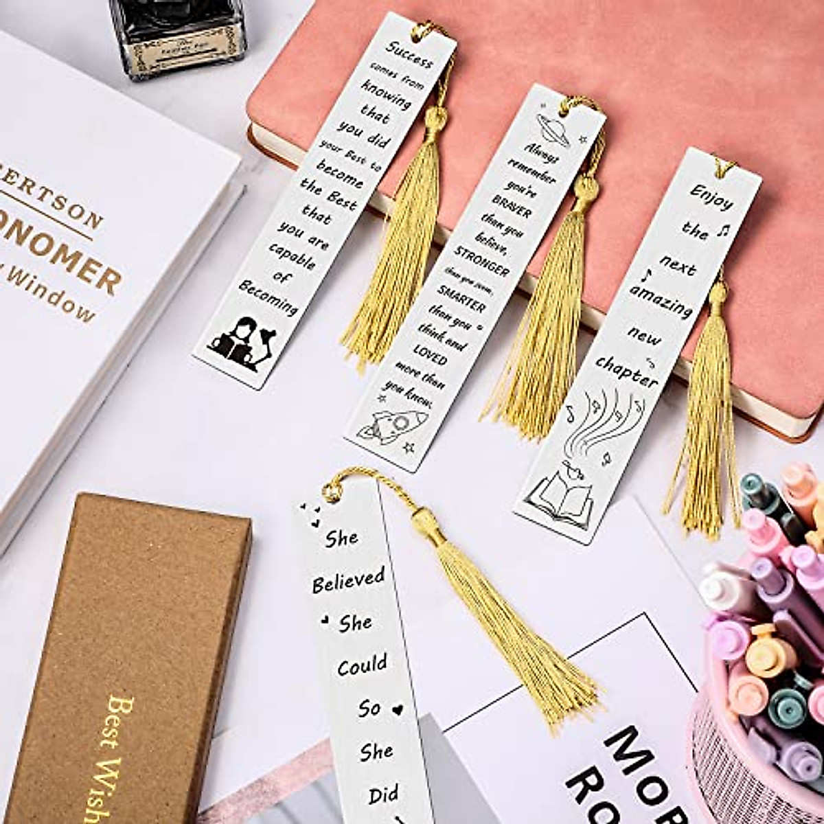 Tallew 4 Pcs Metal Bookmarks Inspirational for Book Lovers Christmas Gifts Graduation Teacher Appreciation Bookmark Thank You Page Marker Teachers Women Birthday(Sweet), Silver