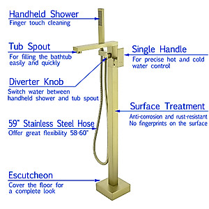 SHAMANDA Freestanding Bathtub Faucet Single Handle Bath Tub Filler Faucet with Hand Shower Brushed Gold, Floor Mount, FL801-3