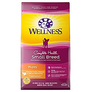 Wellness Complete Health Small Breed Dry Dog Food with Grains, Natural Ingredients, Made in USA with Real Turkey, For Dogs Up to 25 lbs. (Puppy, Turkey, Salmon & Oatmeal, 4-Pound Bag)
