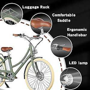 AVASTA 26'' Electric Bike E Bike with 36V 10.4AH Removable Battery Road City Cruiser 350W Motor Ebike 6-Speed Step-Through Hybrid Bicycle Commuting for Adult, Up to 70 Miles, Green