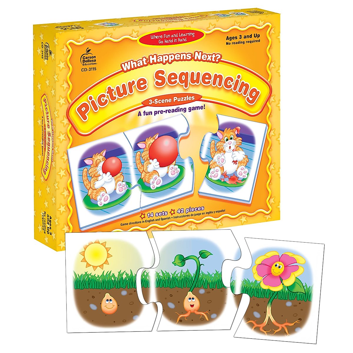 Carson Dellosa What Happens Next? Pre-Reading Puzzle Game Set, Colorful 3-Scene Picture Sequencing Phonics Game With 14 3-Scene Puzzles, Ages 4+ (42 pc)