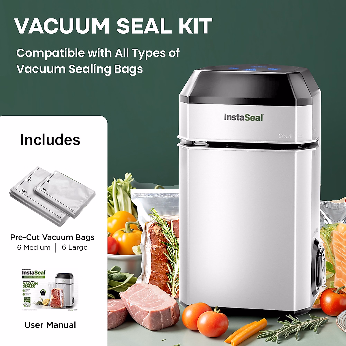 InstaSeal Food Vacuum Sealer Machine with 12 Bags, Patented Upright Food Saver Vacuum Sealer Machine Allows to Vacuum Seal Liquids, Food Sealer Vacuum Sealer for Food Saves & Keeps Food Fresh Longer