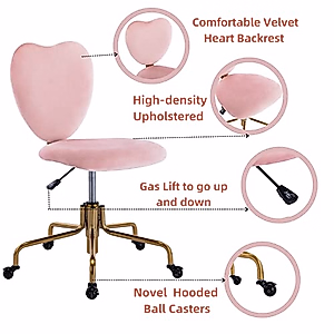 HNY Hi&Yeah Velvet Cute Desk Chair with Wheels, Comfortable Armless Home Office Chairs Heart Backrest, Adjustable Height Upholstered Swivel Accent Vanity Chair, Pink