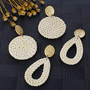 AIDSOTOU Rattan Earrings for Women Lightweight Geometric Statement Earrings Handmade Straw Wicker Braid Teardrop Hoop Drop Dangle Earrings 4 Pairs (Style-4)