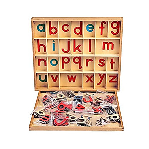 JE JOUE Montessori Letter Work Learning Materials Wooden Small moveable Alphabet Language Objects with Box (Red & Blue)