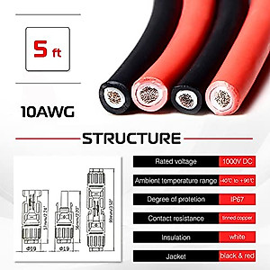 Solar Panel Extension Cable 10 Gauge 10 AWG 5 Feet Black + 5 Feet Red Solar Panel Extension Cable Wire Solar Connectors