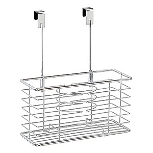 mDesign Steel Over Cabinet/Door Hair Dryer Holder Storage, Hair Styling Tool Organizer Basket for Bathroom - Hair Blow Dryer, Flat Iron, Curling Wand, Hair Straightener - Linelle Collection - Chrome