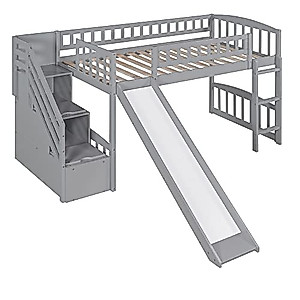 HABUHOME Twin Size Low Loft Bed with Convertible Slide, Stairs with Two Drawers, Stairway Loftbed Frame, for Kids Boys Girls, Gray