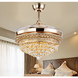 RuiWing 42" Modern Fandelier Crystal Ceiling Fans with Lights and Remote Gold LED Fan 3 Light Settings 3 Speeds Invisible Retractable Chandelier Fan for Dining Room Bedroom Restaurant