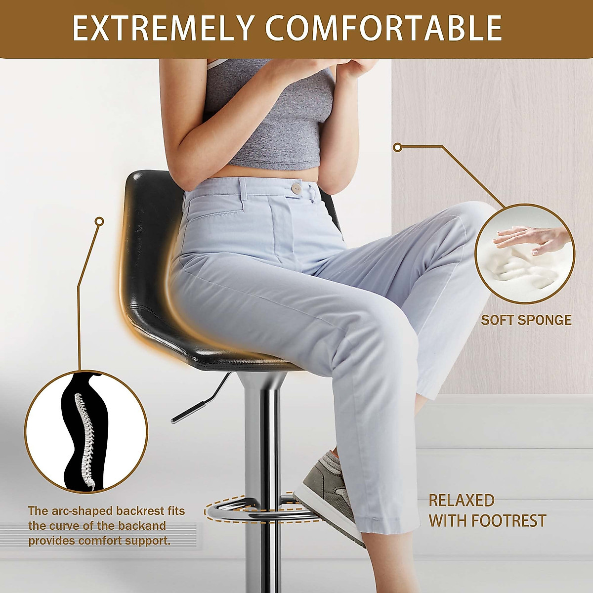 VATROS Bar Stools Set of 2, Adjustable Bar Stools with Back and Footrest, PU Leather Upholstered Swivel Counter Height Bar Stools for Home Kitchen Island-Black