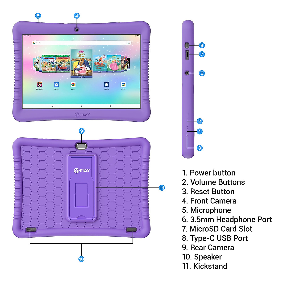 Contixo Kids Tablet K102-10-inch HD, Ages 3-7 Toddler Tablet, Parental Control, Android 10, 64GB, WiFi, Learning Tablet for Children with Disney E-Book Pre-Installed, Kid-Proof Case, Purple