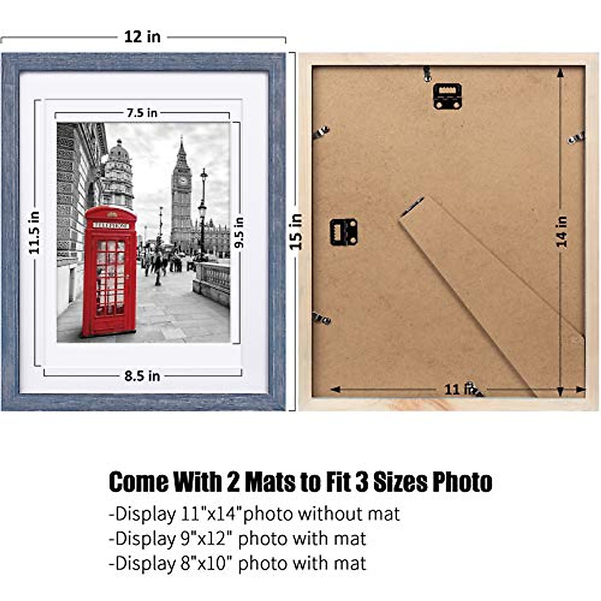 11x14 Rustic Blue Picture Frame Wooden Frame with 2 Mats for 8x10 or 9X12 Picture, 8x10 Picture Frame 9x12 Matted Picture Frame or 11x14 without Mat - Rustic Picture Frame 11x14 Wall Tabletop Display