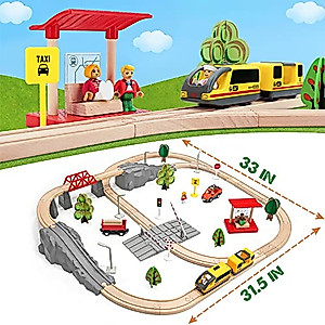 Tiny Land 74 Pcs Wooden Train Set with Battery Operated Train & Wooden Tracks -fits Thomas, fits Brio, fits Chuggington, fits Melissa and Other Major Brands for Kids Toys for 3+ Years