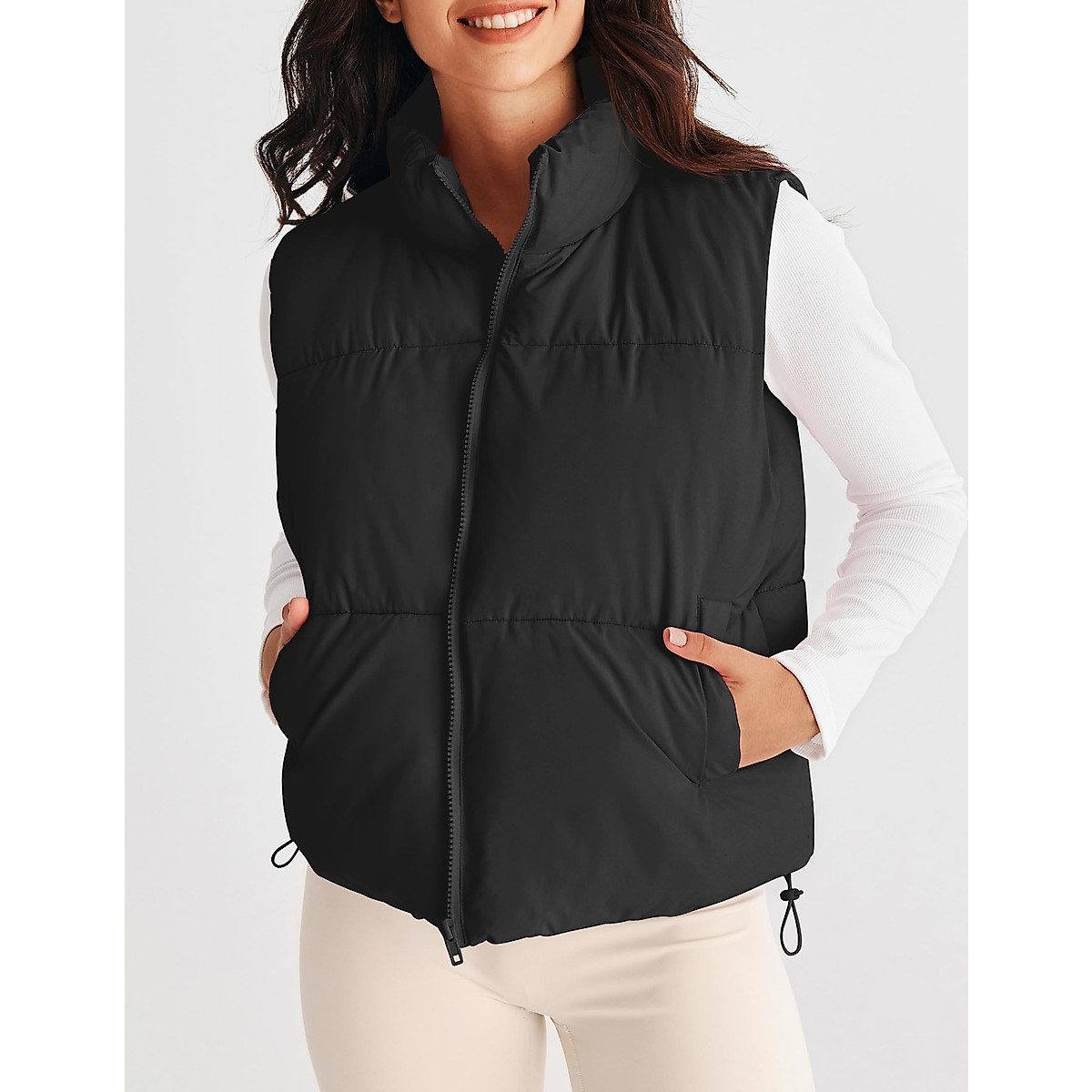MEROKEETY Women's Quilted Puffer Vest Lightweight Stand-up Collar Soild Color Warm Outewear, Black, X-Large