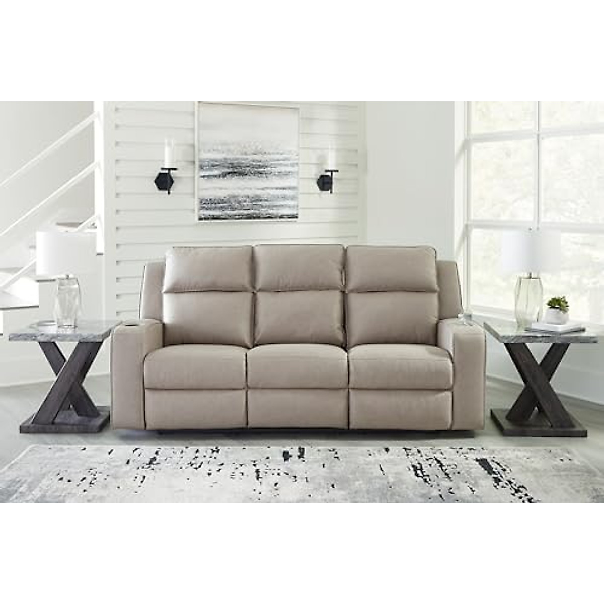 Signature Design by Ashley Lavenhorne Contemporary Faux Leather Manual Reclining Sofa with Drop Down Table, Cup Holders and USB Ports, Beige