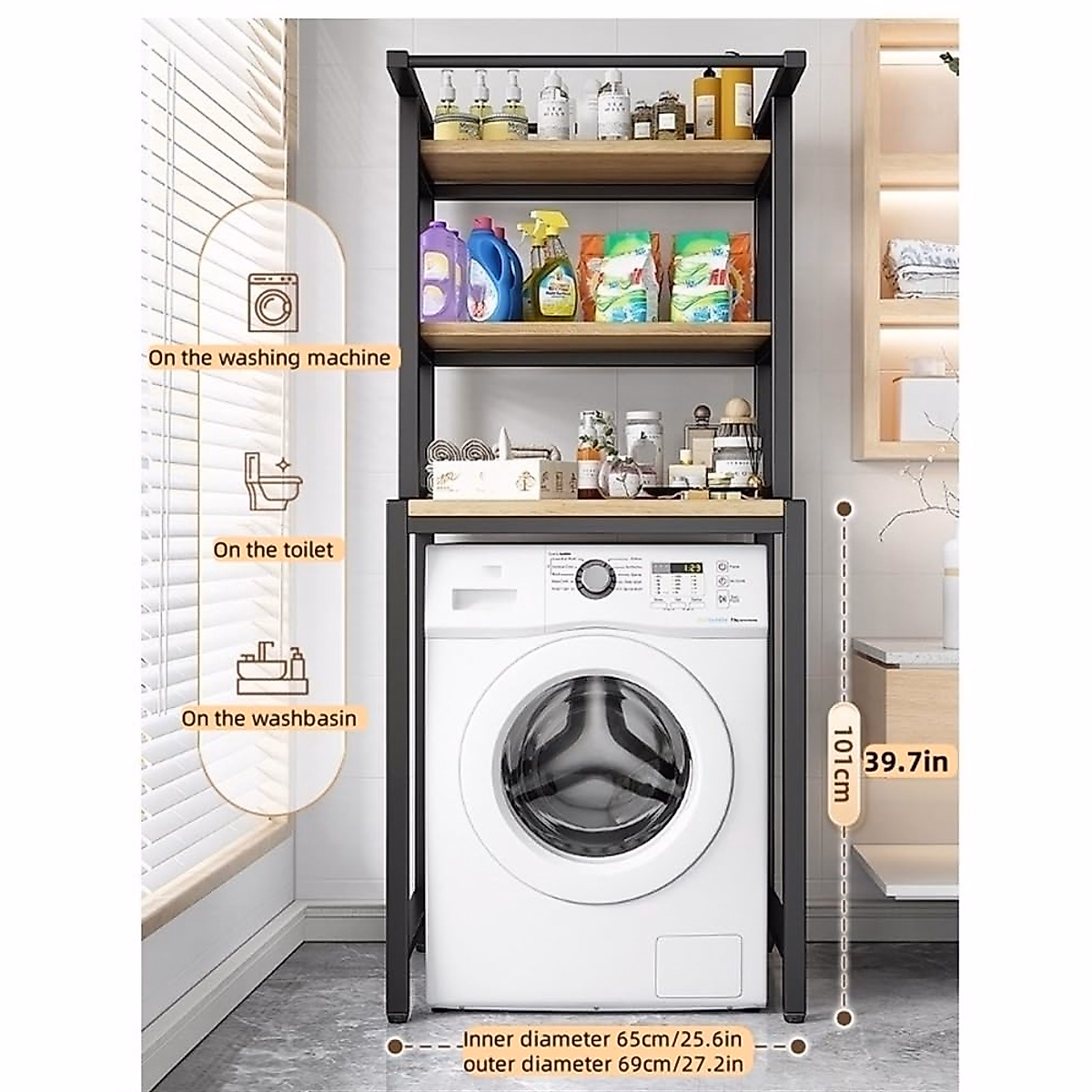 WSZDRH 3-Tier Laundry Organization and Storage Shelf, Over Washer and Dryer Storage Shelves, Laundry Room Organization Over The Washing Machine Storage Rack(Black)