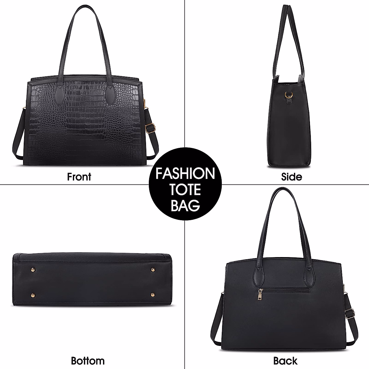 Laptop Bag for Women 15.6 Inch Laptop Tote Bags PU Leather Lightweight Womens Computer Bag Office Shoulder Bag Handbag Large Capacity Work Briefcase Bag 2PCs Black Crocodile Pattern