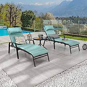 Festival Depot 3 Pieces Chaise Lounge Set of 2 Patio Chairs with Adjustable Back Removable Cushions and 1 Bistro Table Outdoor Furniture for Pool Lawn Deck Garden (Light Blue)