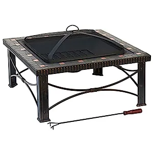 Hiland FTB-51161 Wood Burning Fire Pit w/Poker and Mesh Screen Lid, Large, Slate/Copper