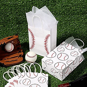 16 Pieces Baseball Gift Bags with Tissue Paper Baseball Party Bags with Handles Baseball Goodie Bags Baseball Treat Bags for Kids Sports Theme, Birthday Party, Sports Party (White, Baseball)