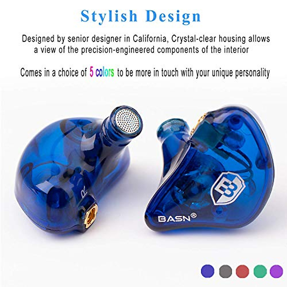 BASN High-Definition in Ear Monitor Headphones for Musicians with Detachable MMCX Earbuds; Dual Dynamic Drivers and Noise-Isolating (Blue)