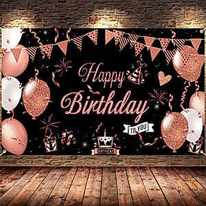 KOKAR Happy Birthday Decorations Banner, Large Black and Rose Gold Happy Birthday Banner Sign, Happy Birthday Backdrop for Girls Women Birthday Party Decorations