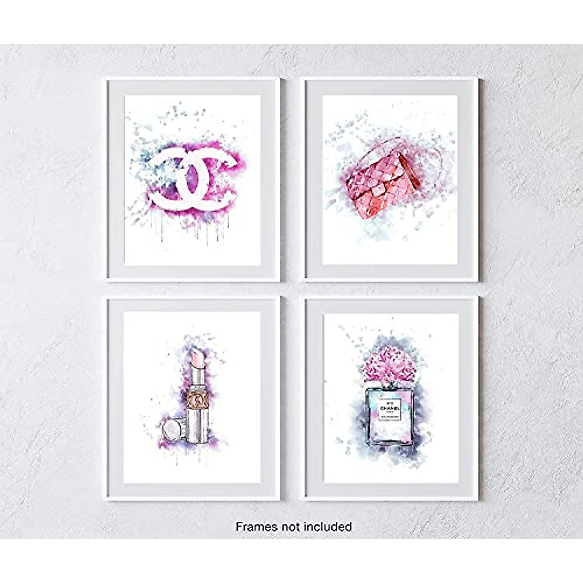 Fashion Glam Wall Art Decor Prints - Chanel Pink Wall Decor For Girls Bedroom Makeup Room - Glam Decor  Wall Posters - Perfume Handbag Makeup Art - Glam Fashion Wall Art Prints - Set of 4 (8x10) - Unframed